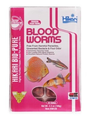 Blood Worm Frozen Fish Food 3.5 oz CUBES | Rainforest Pets,LLC